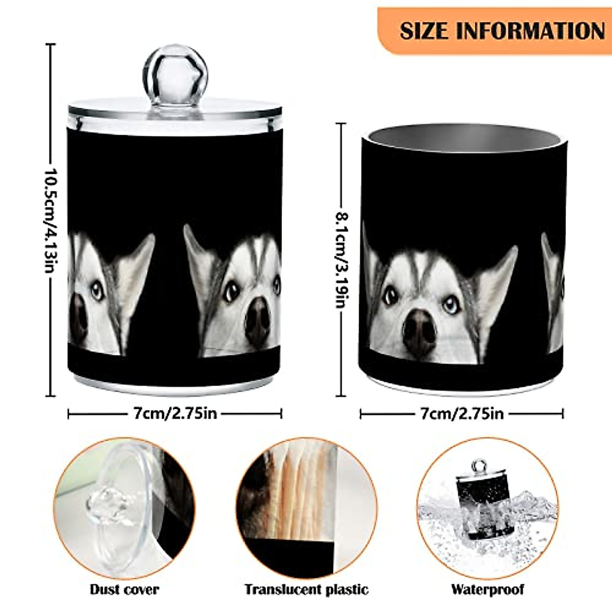 2 Pack Qtip Holder Dispenser Husky Dog Look Apothecary Jars with Lids Dog Plastic Acrylic Bathroom Vanity Countertop Canister Storage Organizer for Cotton Ball,Swabs,Pads,Floss