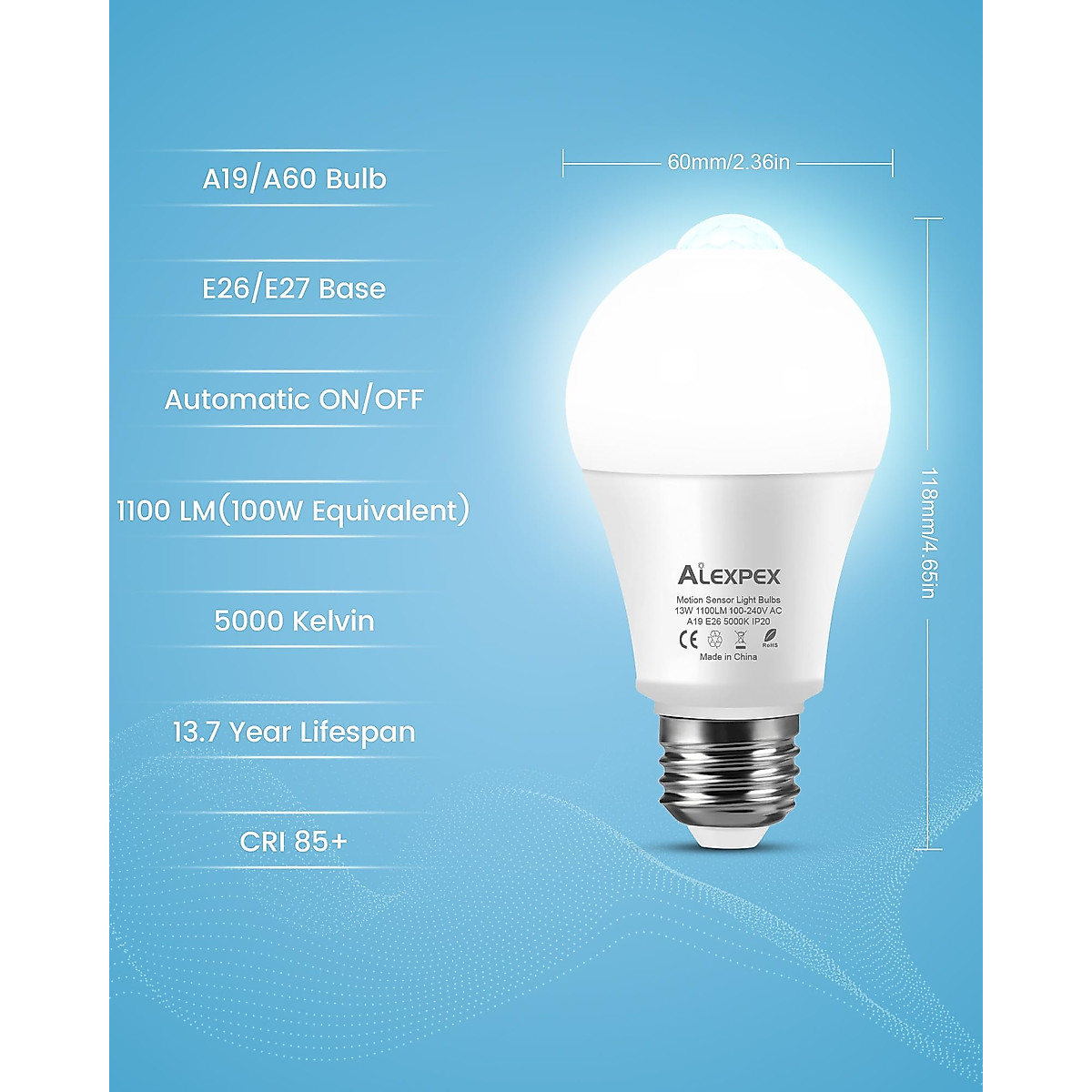 ALEXPEX Motion Sensor Light Bulbs, 13W(100W Equivalent) 1100lm Motion Activated Auto Dusk to Dawn LED Bulb, A19 E26 5000K Daylight Outdoor/Indoor Lighting for Garage Porch Stairs Patio, 2 Pack