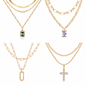 LOYALLOOK 9Pcs 14K Gold Plated Paperclip Herringbone Snake Figaro Chain Link Layered Choker Necklaces Paperclip Emerald Crystal Pendant Layering Necklace Cuban Link Rope Chain Cross Necklaces Gold Tone