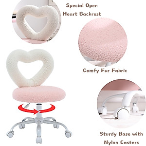 DUOMAY Faux Fur Kids Desk Chair, Heart Back Upholstered Computer Chair for Boys and Girls Cute Swivel Height Adjsutable Study Arm Chair for Child Home Bedroom, Pink & White