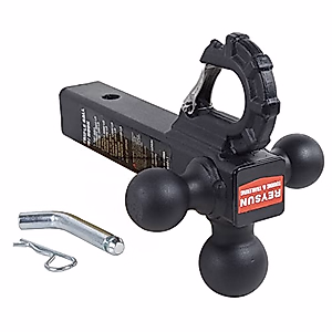 REYSUN Trailer Hitch Tri Ball Mount with Hook, Tactical Tow Hook, Fits 2 inch Hitch Receiver, Secure with Self-Lock Latch, Matt Black