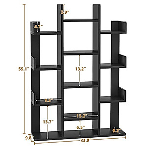 Aheaplus Bookshelf, Tree-Shaped Bookcase Storage Shelf with 13 compartments, Books Organizer Display Cube Shelves, Industrial Free Floor Standing Wood Open Bookshelves, Black
