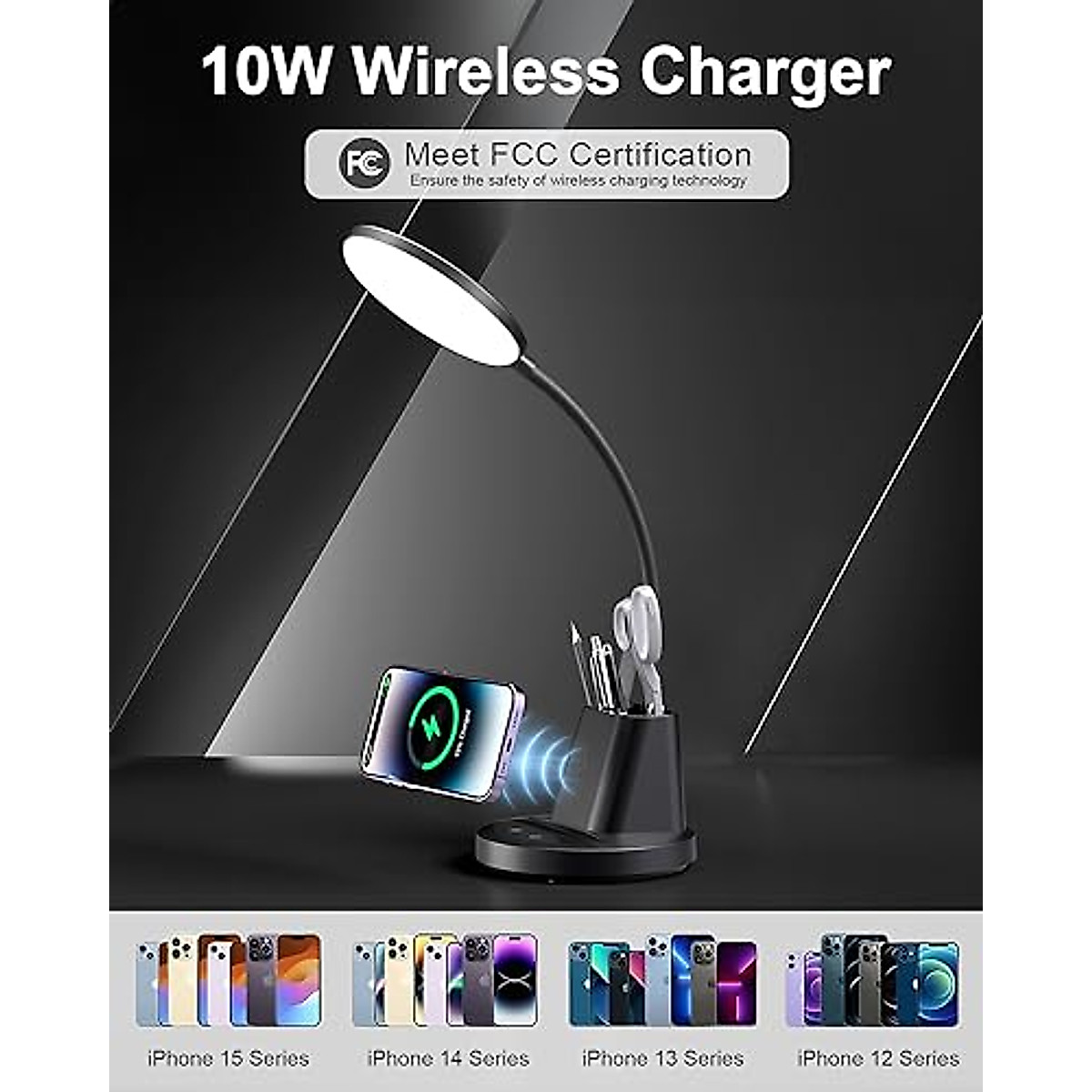 GOLSPARK Desk Lamp with Wireless Charger for Home Office, Eye-Caring Reading Lamp 3 Color Modes Stepless Dimming LED Desk Lamp, Touch Table Lamp with Pen Holder, CRI 90 AC Adapter Included