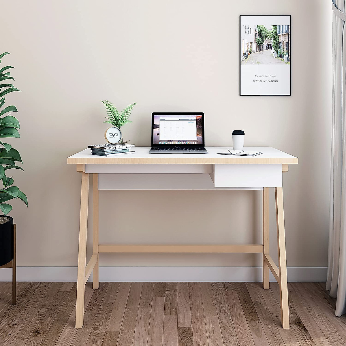 FRSTONE Pine Wooden Home Office Desk White Oak 39.3 x 29.5 Inch Computer Desk with Storage Drawer for Studing, Writing, Simple Style Study Table, Console Laptop Table, White Desktop