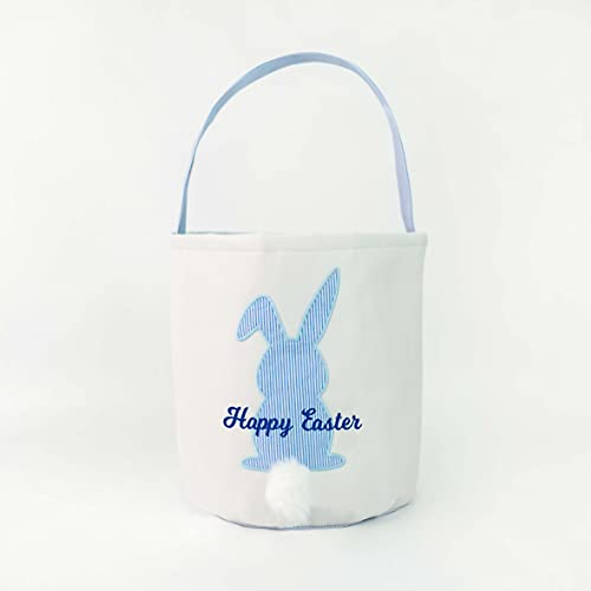 Easter Baskets with Bunny Tail for Kids, Applique Stripe Bunny Easter Bucket for Child, Embroidered Easter Hunt Bag, Blue Stripe Easter Basket, Girls Boys Easter Gifts.