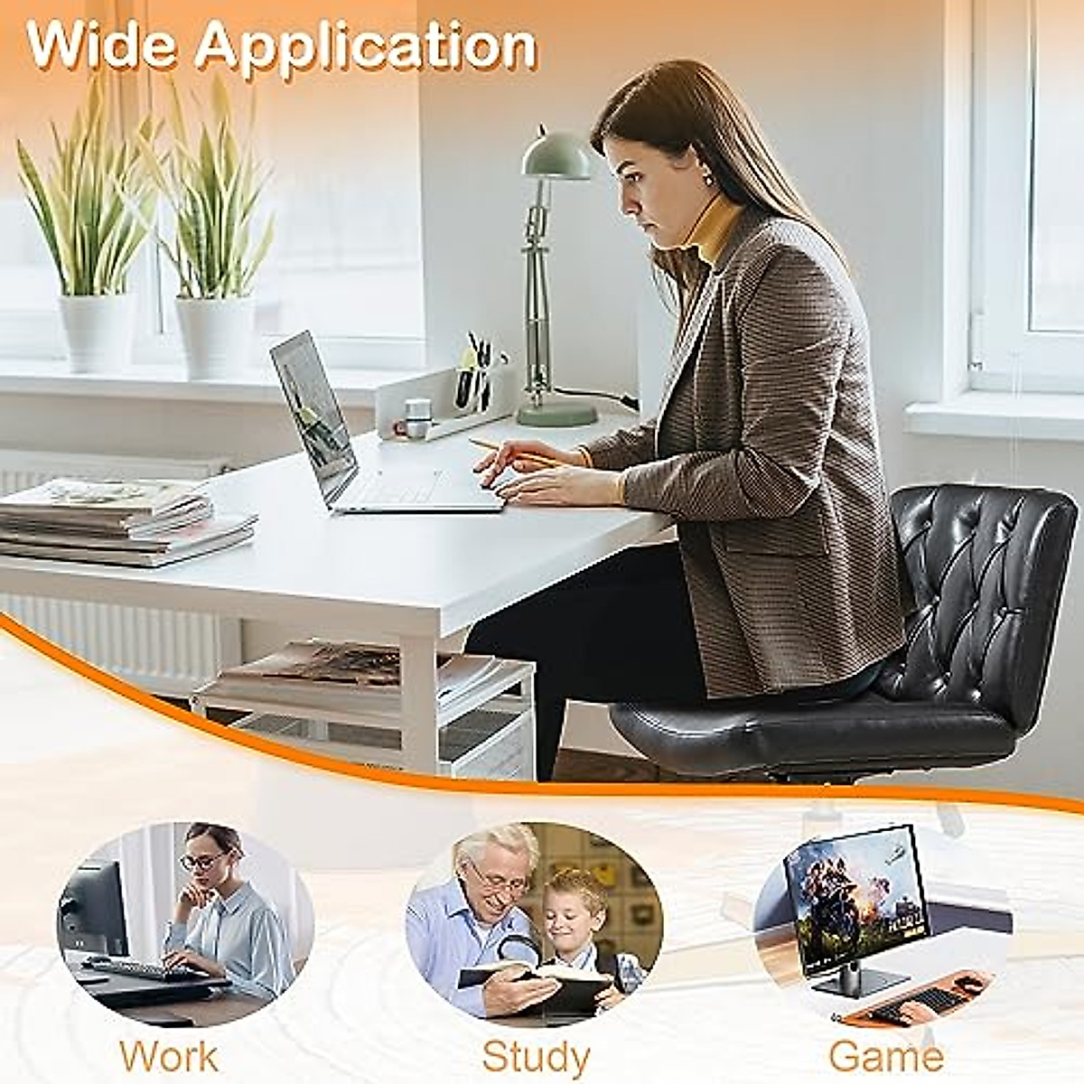 HomVent Armless Office Desk Chair No Wheels, PU Leather Tufted Padded Cute Desk Chair, Modern Ergonomic Computer Desk Chair w/Gold Cross Base,Adjustable Swivel Desk Chair for Makeup Vanity Study Black