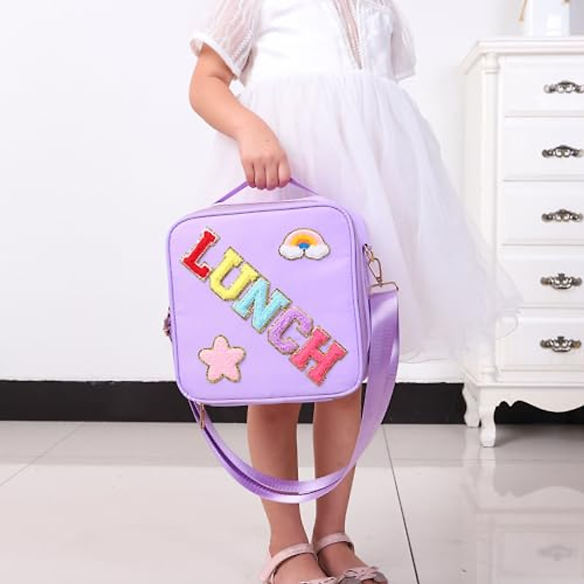 HASOIY Personalized Colorful Letter Patch Insulated Lunch Bag Custom Glitter Varsity Letters Reusable Lunchbox For Kids (purple)