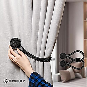 Magnetic Curtain Tiebacks - Modern Unique Upgraded Design 2023 Elegant Twisted Polyester Rope with Strong Magnets Decorative Holdbacks for Window Drapes & Curtains ORXFULY (Black, 2) (ck-041)