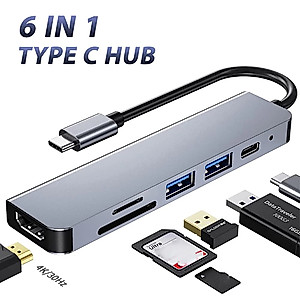USB C Hub,6 in 1 Dual USB Type C Dock USB C SD TF Card Reader Splitter,USB3.0 Type C Hub Adapter for Notebook 4K Video