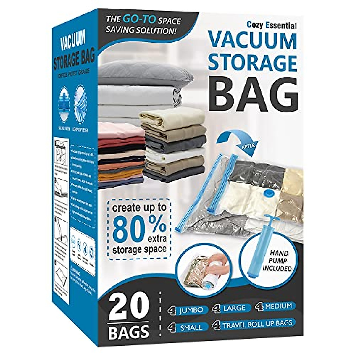 20 Pack Vacuum Storage Bags, Space Saver Bags (4 Jumbo/4 Large/4 Medium/4 Small/4 Roll) Compression Storage Bags for Comforters and Blankets, Vacuum Sealer Bags for Clothes Storage, Hand Pump Included