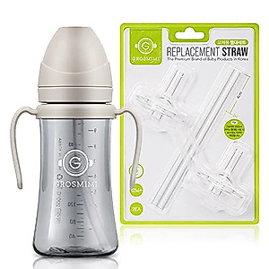 GROSMIMI PPSU Spill Proof Magic Sippy Cup 10 oz (Beige) + Replacements (Straw kit 2-counts, Stage 2)