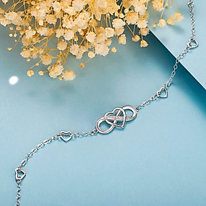 Billie Bijoux 925 Sterling Silver Anklet Bracelets for Women Infinity Heart Ankle Bracelet White Gold Plated Love Charm Adjustable Large Bracelet Gifts for Women Wife (A-Silver)