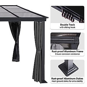 GARTOO 10' x 13' Outdoor Wall-Mounted Hardtop Gazebo, Aluminum Frame Pergola Sunroom with Sloping Polycarbonate Roof & Double Curtains for Garden, Lawn, Party, Deck