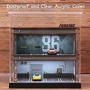 Hot Diecast Wheels Display Case - 1/64 Scale Die-cast Model Car Display Case with LED Light and Acrylic Cover, Wooden Parking Garage in 3 Floors with 10 Parking Spaces (86)