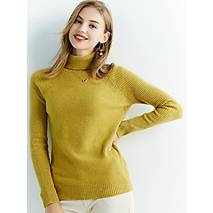 LINY XIN 100% Merino Wool Swetaer for Women Turtleneck Long Sleeve Fall Winter Warm Knitted Pullover Sweater Jumper (Yellow Green,L)