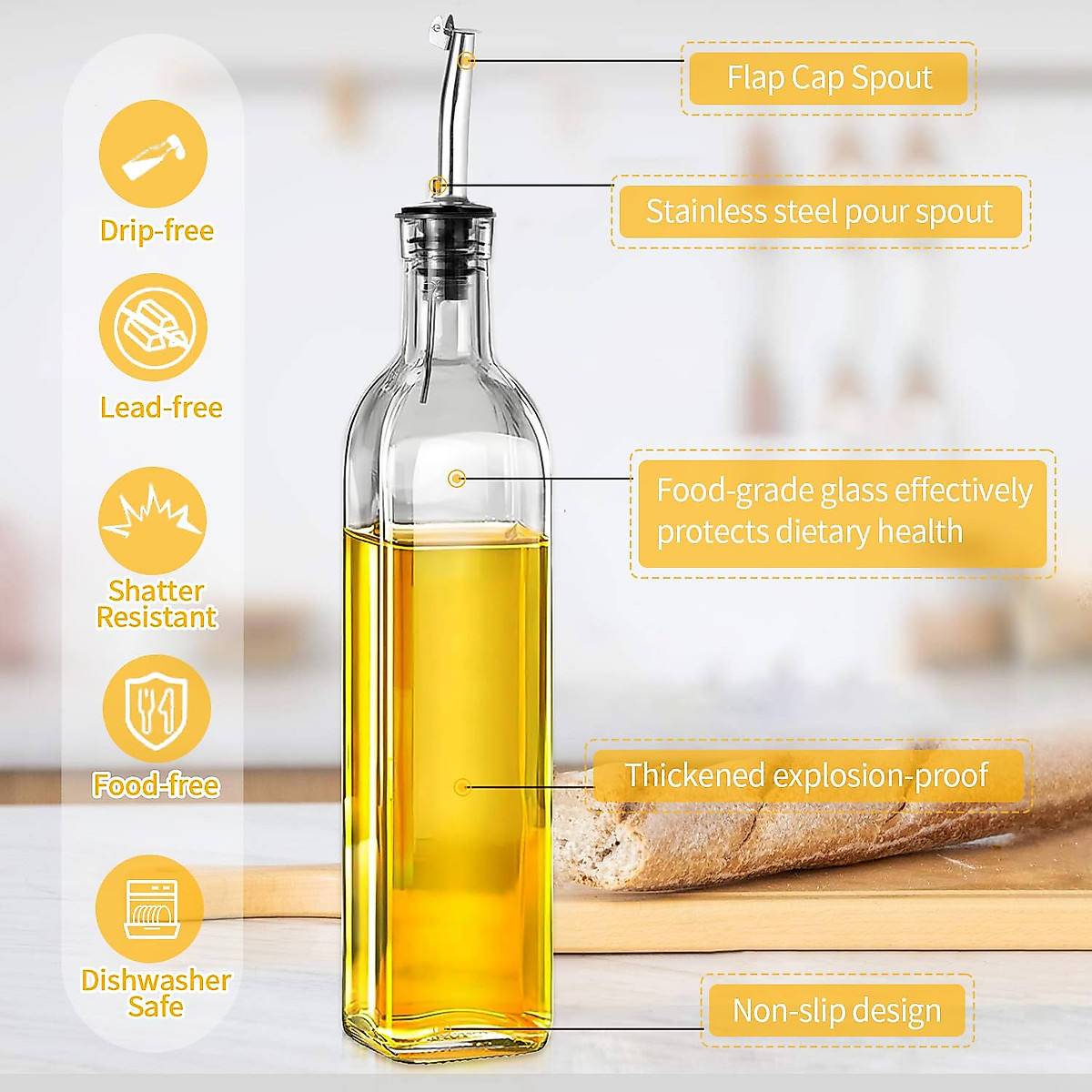 WEILAIDI Olive Oil Dispenser Bottle,2 Pcs Glass Oil Dispenser for Kitchen,Glass Olive Oil Dispenser and Vinegar Dispenser Set with 2 Stainless Steel Pourers, 4 Labels,1 Brush and 1 Funnel（500ML）
