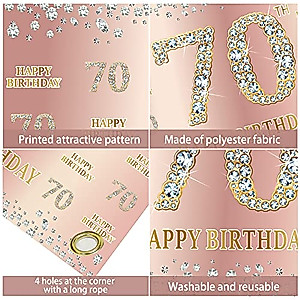 Happy 70th Birthday Banner Decorations for Women, Pink Rose Gold 70 Birthday Backdrop Sign Party Supplies, Large 70 Year Old Birthday Photo Booth Props Background for Outdoor Indoor