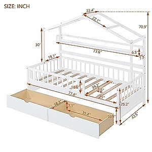 Twin Size House Bed with 2 Drawers and Shelf, Wood House Bed Frame with Roof Design and Safety Guardrail, Montessori Bed for Girls Boys Bedroom, Can be Decorated (White + Wood-A39)
