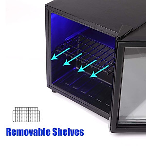 Mini Fridge Glass Door 60 Cans Beverage Cooler Refrigerator Mini Beer Fridge 1.6 cu.ft Organizer for Drinks Soda Wine Small Refrigerator with Blue LED for Home Office Dorm