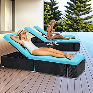 Murago Outdoor Patio Rattan Wicker Chaise Lounge Chair, Set of 2, Adjustable Backrest, Waterproof Cushion, Ideal for Pool, Black Frame with Blue Cushion