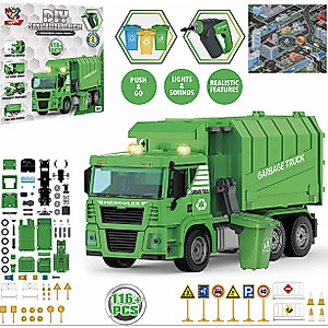 Garbage Truck Toy - 116 Pcs Friction Power Take Apart Toy STEM Toys w/Drill, Push & Go Lights & Sounds, Sanitation Trash Trucks City Vehicle Playset for Kids Toddlers Boys Ages 3 4 5 6 7 8 Years Old