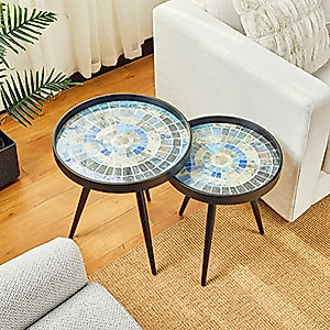 Glitzhome S/2 Modern Nesting End Table Set - Round Sofa Side Tables Living Room Accent Table Nesting Lamp Table with Mosaic Pattern Tray Top