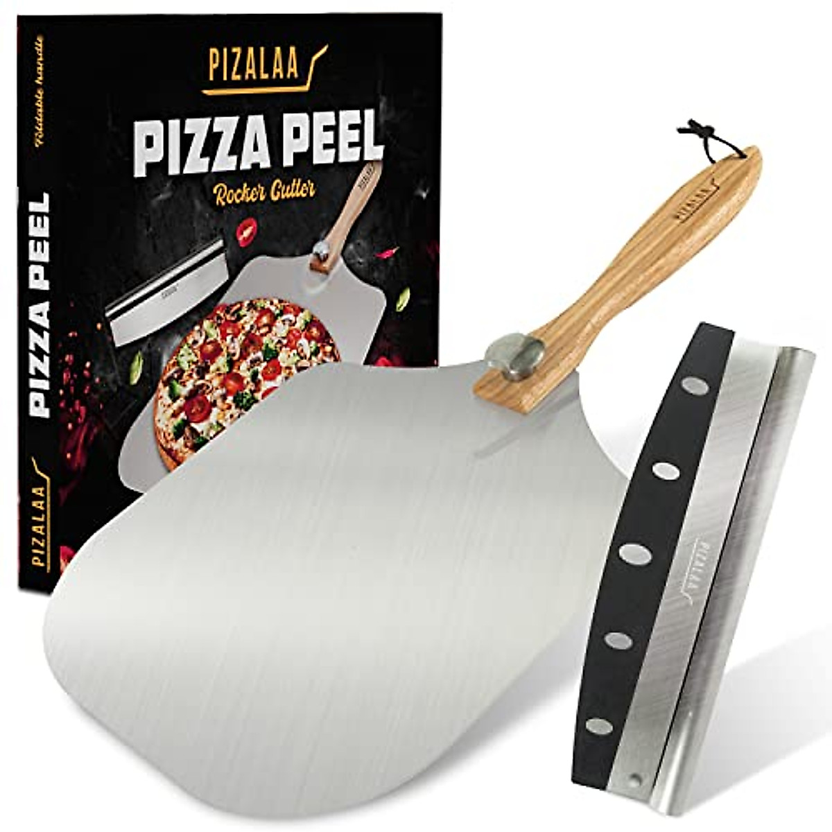 PIZALAA Pizza Peel 12 Inch with Pizza cutter - Aluminium Metal Pizza Paddle with Foldable Wooden Handle for Easy Storage, Pizza Cutter Rocker, Pizza Server, Pizza Oven Accessories, Homemade Pizza