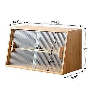 HollyHOME Small Bamboo Kitchen Pantry Sideboard with 2 Sliding Striped Glass Doors, Freestanding Countertop Storage Cabinet for Bottles, Dish, Bowl, Console Dining Cupboard, Burlywood