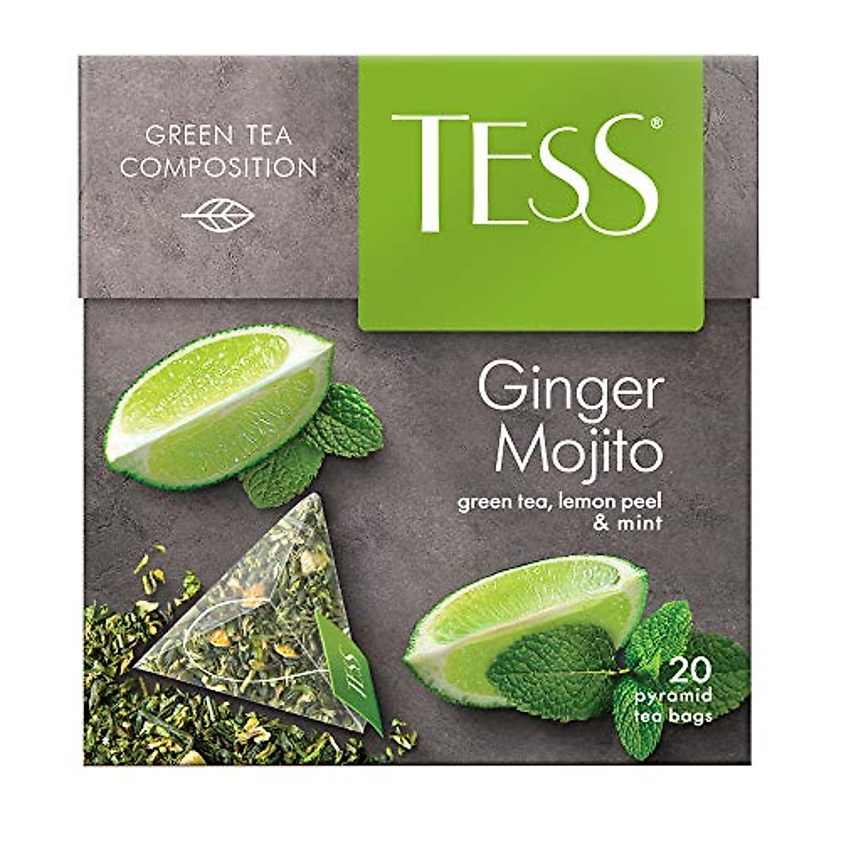 Tess Ginger Mojito Green Tea Composition Lemon Peel and Mint Leaf Tea in 20 Pyramid Sachets