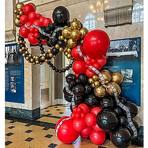 Enanal Movie Night Balloon Garland Arch Kit, 134pcs Black Red Chrome Gold Balloon with Clapboard Popcorn Foil Balloons for Movie Theater Film Party Decoration Birthday Bridal Shower Backdrop (Movie)