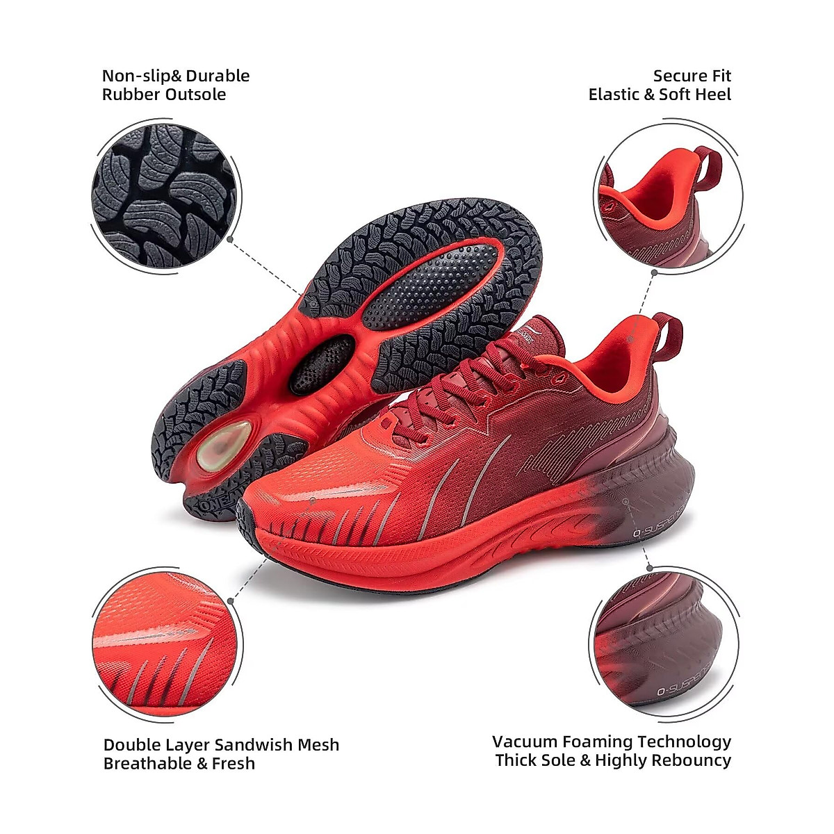 ONEMIX Breathable Men's Max Cushioned Walking Shoes with Arch Support for Plantar Fasciitis Flat Foot Pain Relief Air Lightweight Jogging Running Sneakers Shoes Non Slip Thick Sole,Red,Size 9.5