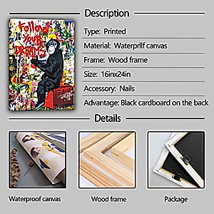 Banksy Street Graffiti Monkey Inspirational quotes Animal Canvas Art for Office Living Room Office Wall Decor Home Decoration Framed Ready to Hang,bedroom decor for men Cave (Graffiti monkey, 24inchx16inch)