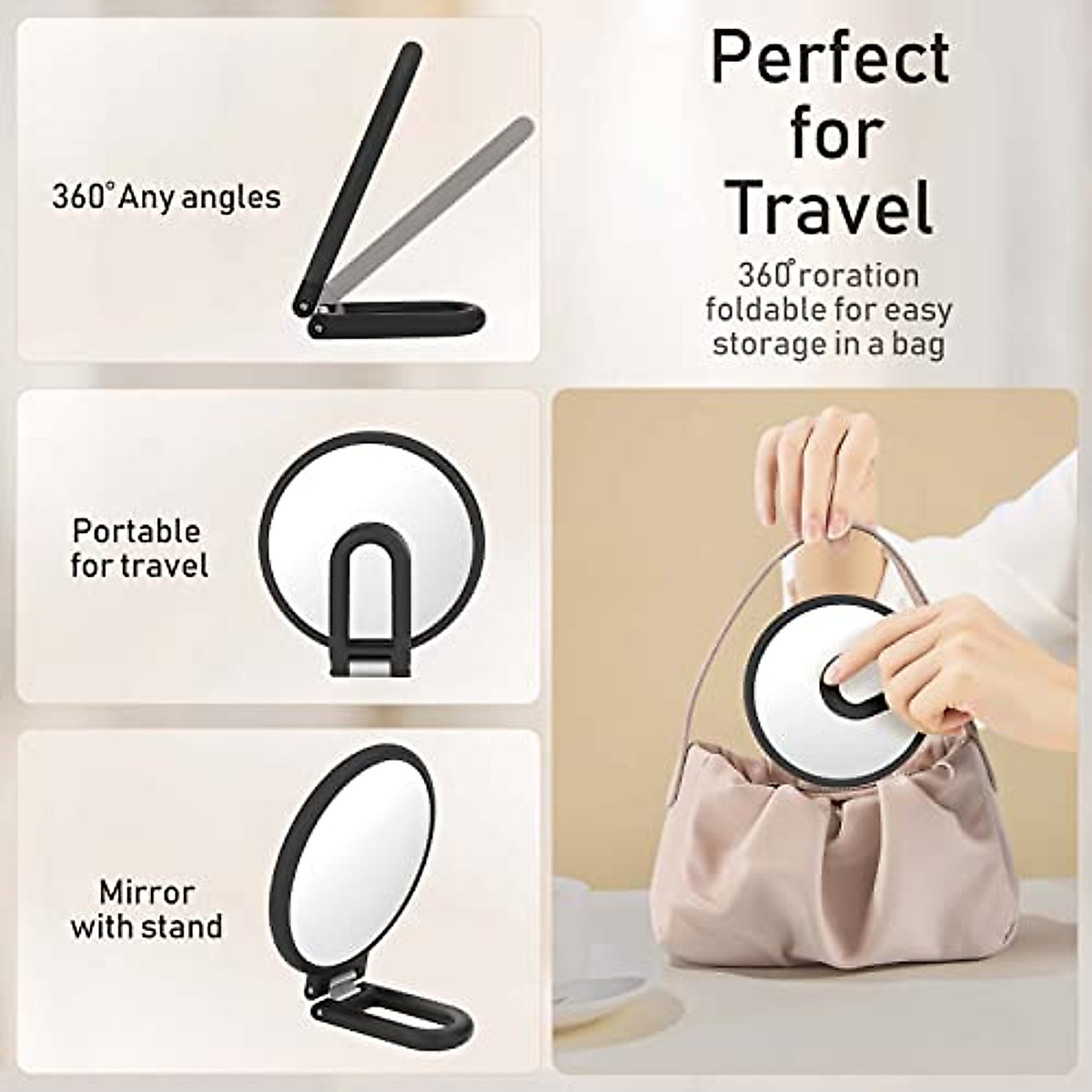 CLSEVXY Magnifying Handheld Mirror Double Sided, 1X 15X Magnification Hand Mirror, Travel Folding Held Adjustable Rotation Pedestal Makeup Desk Vanity