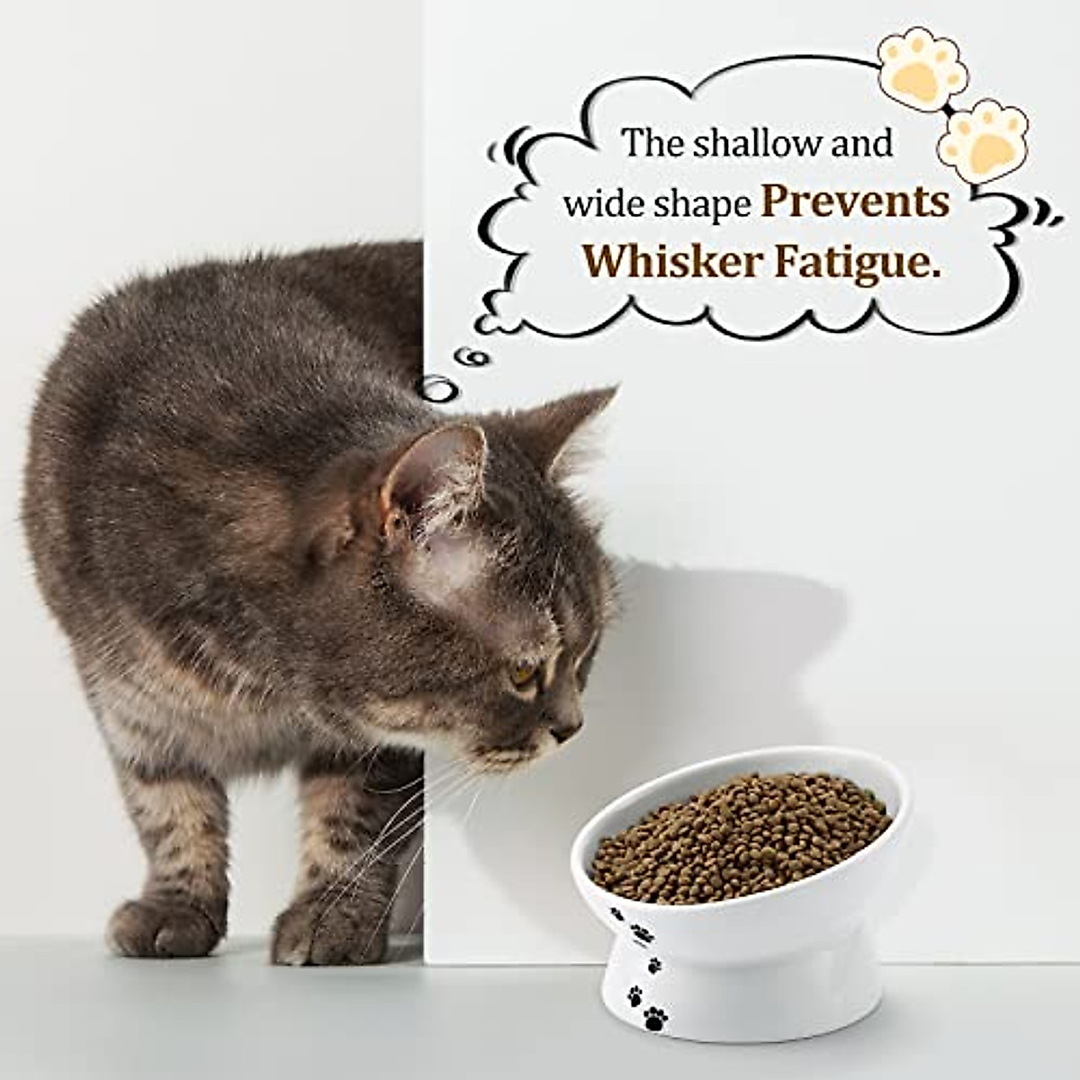 Yedio Porcelain Raised Cat Bowl, Tilted Cat Food Bowl with Anti Slip Band, Stress Free, Elevated Porcelain Pet Bowl Protect Pet's Spine, Backflow Prevention, Dishwasher Safe, White
