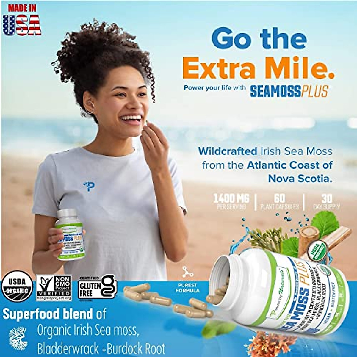 Power By Naturals USDA Organic Sea Moss Plus Bladderwrack and Burdock Root Capsules for Gut Health, Immune Support & Thyroid Supplement (Pure, No Fillers, Wildcrafted Irish SeaMoss Pills) 60Ct.