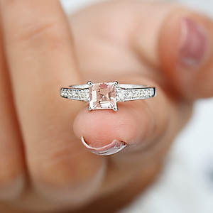 Certified Morganite 5 mm Princess Cut Engagement Ring, AAA Quality, Natural Peach Morganite Diamond Ring (With Jewelry Box), 14K White Gold, Size:US 5.00