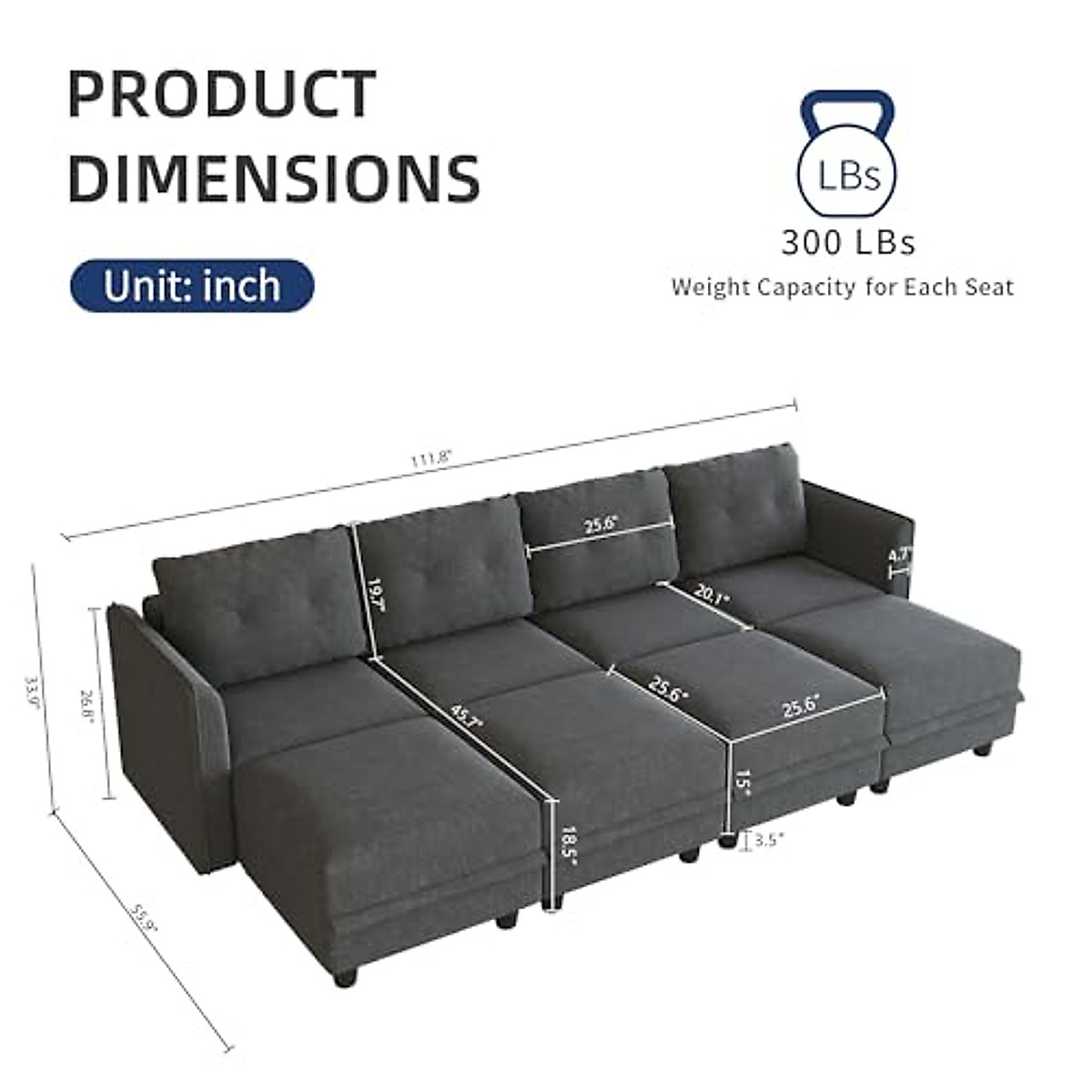 LLappuil Modular Sofa Sectional Sleeper Couch with Reversible Chaise, Oversized 8 Seater Storage Sectionals with Ottoman, Black