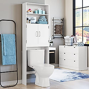 HOSTACK Over The Toilet Storage, Double Door Bathroom Organizer Toilet Cabinet, Freestanding Above Toilet Rack with Open Shelves and Adjustable Bottom Bar, 76.8 in H, White