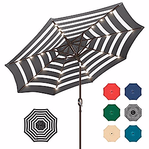 Funsite 9ft Patio Umbrella with Solar Lights, Outdoor Umbrella with 24 LED Solar Umbrella Lights, Solar Patio Umbrella with Push Botton Tilt & Crank Ideal for Garden, Backyard & Pool, Black Stripe
