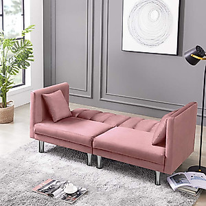 SLEERWAY Velvet Futon Sofa Bed with Two Pillows, Modern Sleeper Sofa Couch with 3 Adjustable Angles, Convertible Small Loveseat for Living Room, Pink