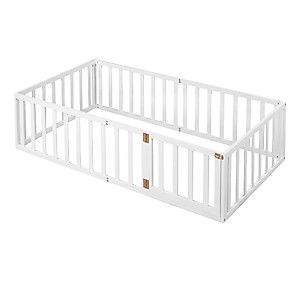P PURLOVE Twin Size Floor Bed Frame for Kids, Wood Montessori Floor Beds with Fence Rail for Boys Girls,(White,Twin Bed