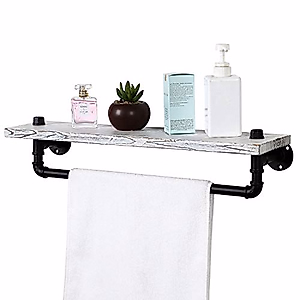 MyGift Shabby Whitewashed Wood Small Bathroom Shelf Wall Mounted Industrial Metal Pipe Towel Bar