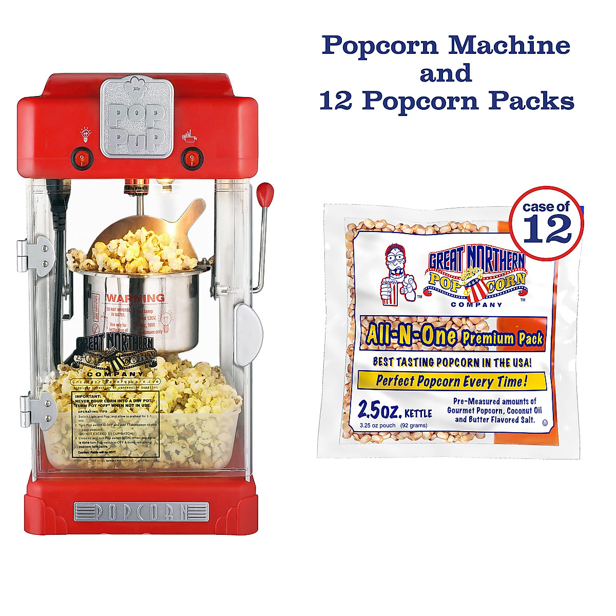 Pop Pup Popcorn Machine – 2.5 Oz Kettle with 12 Pack of Pre-Measured Popcorn Kernel Packets, Scoop, and Serving Cups by Great Northern Popcorn (Red),83-DT6031