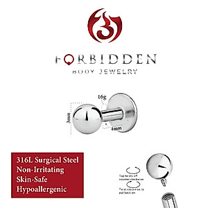 Forbidden Body Jewelry Piercing Jewelry, Tragus Piercing Jewelry, Tragus Jewelry, 16G 4mm Internally Threaded Surgical Steel, Helix Earring and Labret Stud with 3mm Ball Top