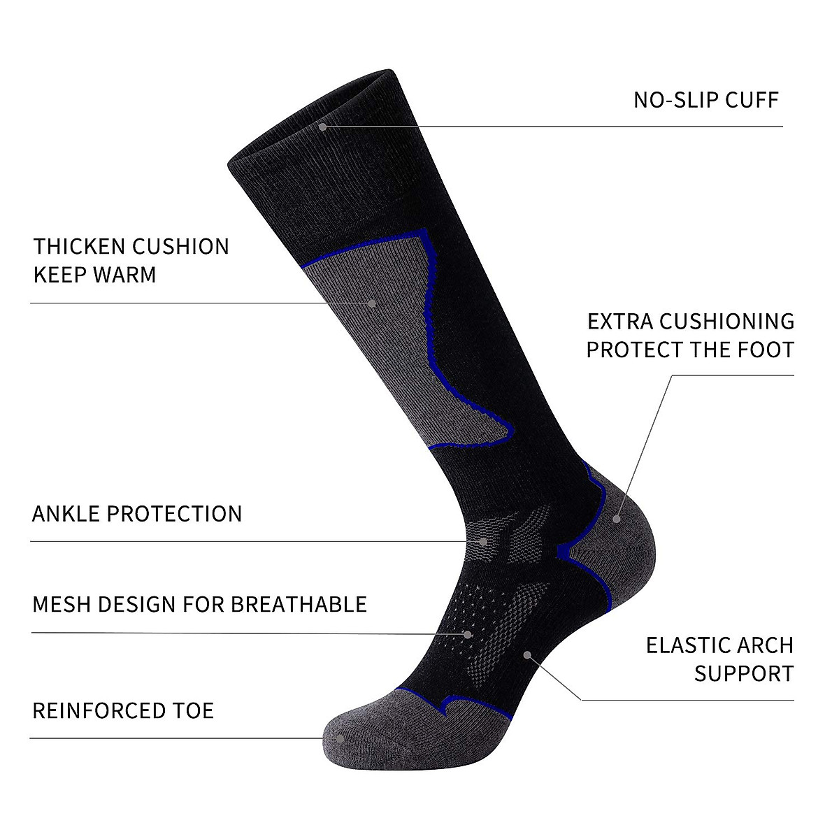 CS CELERSPORT 2 Pack Ski Socks for Men and Women Skiing, Snowboarding, Cold Weather, Winter Performance Socks, Black+Blue, X-Large