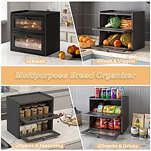 Alpeir Double Layer Large Bread Box for Kitchen Counter, Wooden Corner Bread Storage Container with Acrylic Window, Black