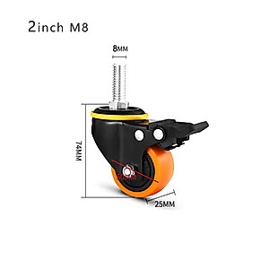Furniture Casters 2 Inch 50mm Thread M8 Castor Wheels with Brake Silent Pu Heavy Duty 280kg Swivel Castors Dust-Proof 4 Pcs(M8 2brake+2swivel)