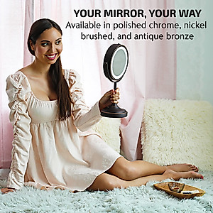 OVENTE 7'' Lighted Makeup Mirror with 1X/7X Magnification, Cordless Tabletop Mount Vanity Mirror with 360° Swivel Design & Double Sided Glow Cosmetic White LED Ring Light, Antique Bronze MCT70ABZ1X7X