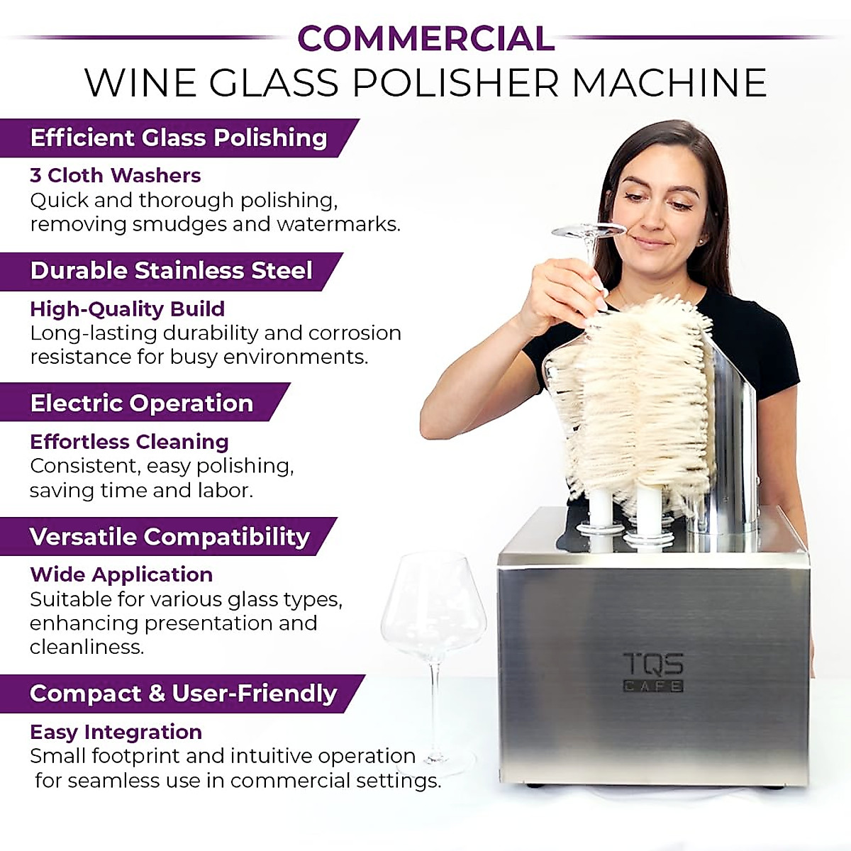 Commercial Wine Glass Polisher Machine - Electric Glass Polishing Machine with 3 Cloth Polishers - Stainless Steel Glass Polisher for Wineries, Bars, and Restaurants and More