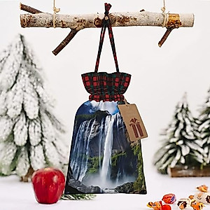 Christmas Gift Bags with Drawstring Burlap Gift Bags Beautiful Waterfall Christmas Linen Bags for Xmas Party Candy Bags with Cards Xmas Reusable Wrapping Bags Christmas Linen Treat Bags for Holiday
